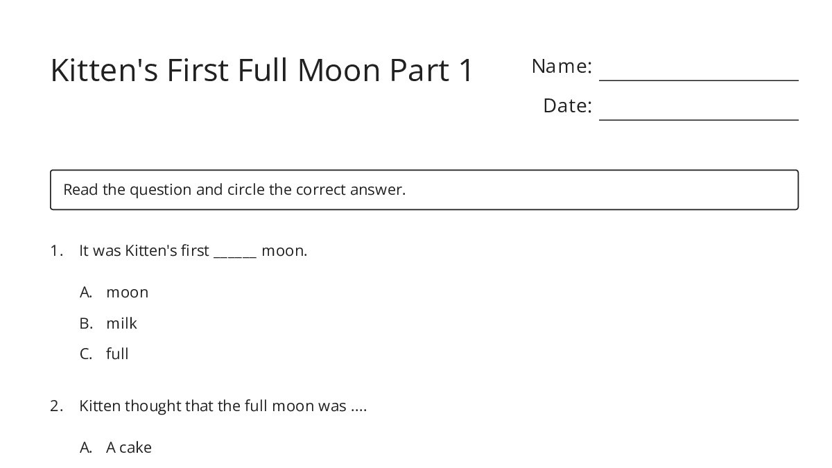 Kitten's First Full Moon Part 1 - My Worksheet Maker: Create Your Own ...