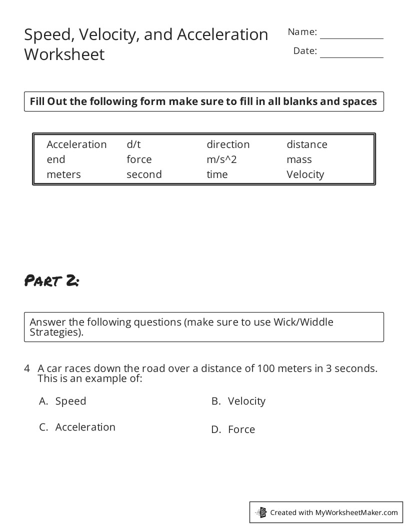 Speed, Velocity, and Acceleration Worksheet - My Worksheet Maker ...