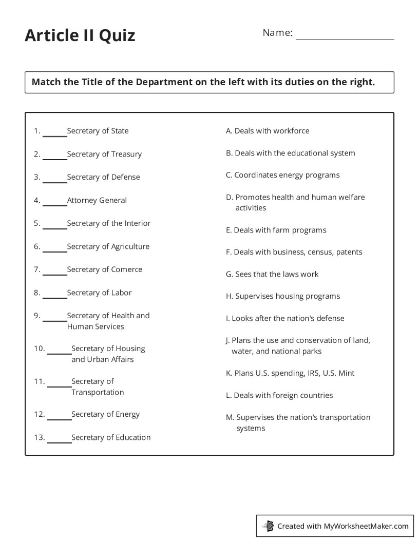 Article II Quiz - My Worksheet Maker: Create Your Own Worksheets