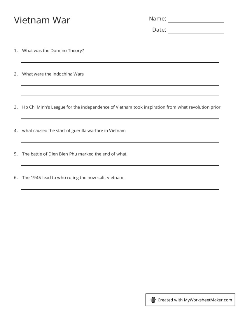 Vietnam War - My Worksheet Maker: Create Your Own Worksheets