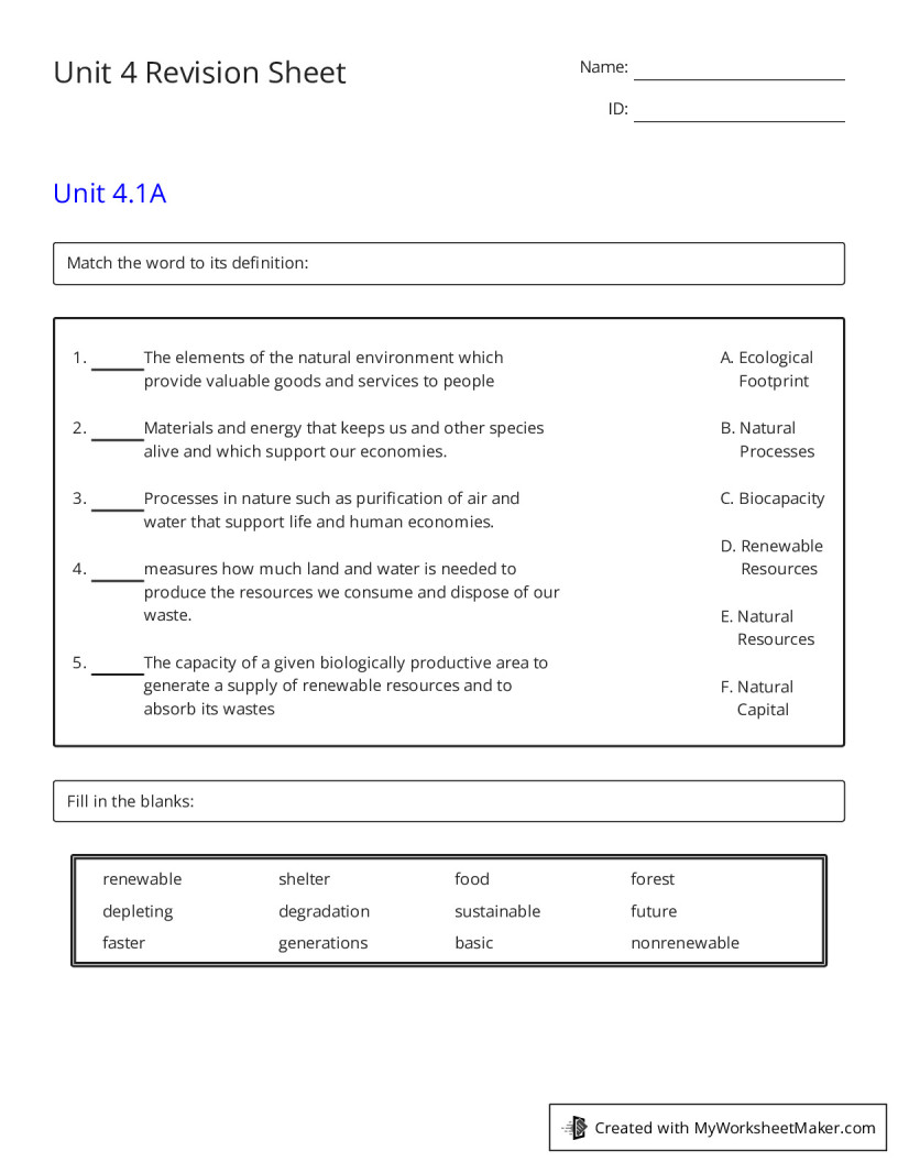 Unit 4 Revision Sheet - My Worksheet Maker: Create Your Own Worksheets