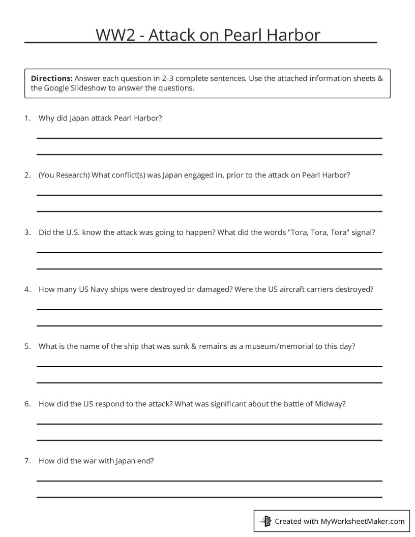 WW2 - Attack on Pearl Harbor________ - My Worksheet Maker: Create Your ...