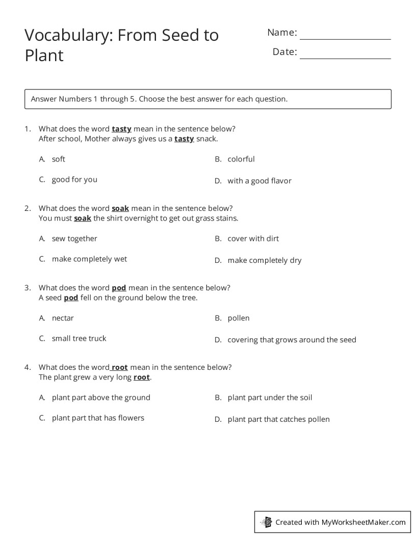 Vocabulary: From Seed to Plant - My Worksheet Maker: Create Your Own ...