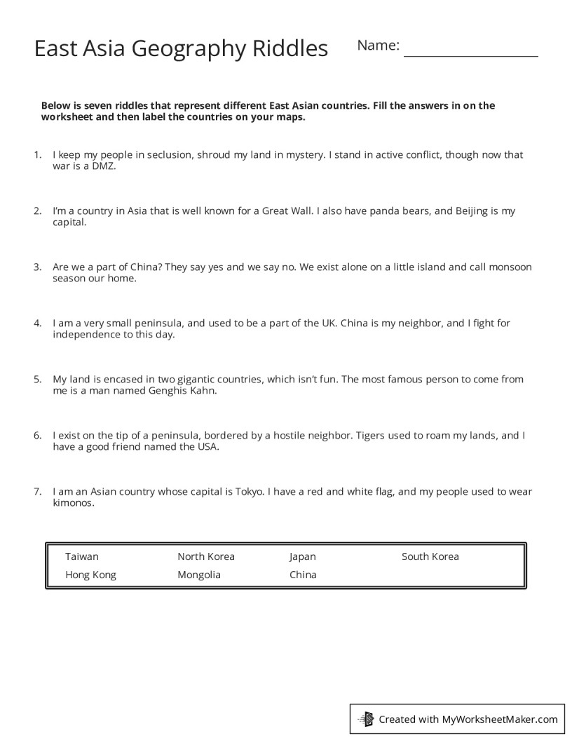 East Asia Geography Riddles - My Worksheet Maker: Create Your Own ...
