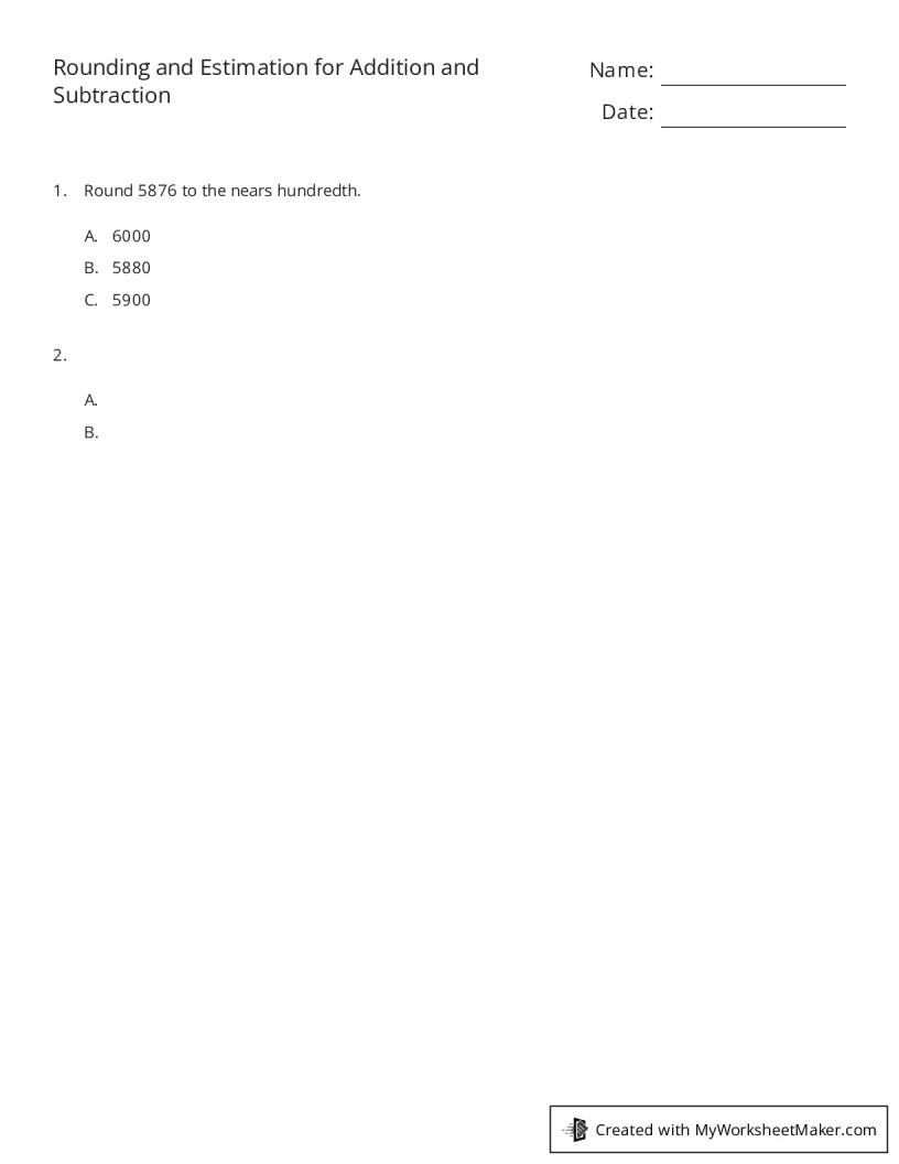 Rounding and Estimation for Addition and Subtraction - My Worksheet ...