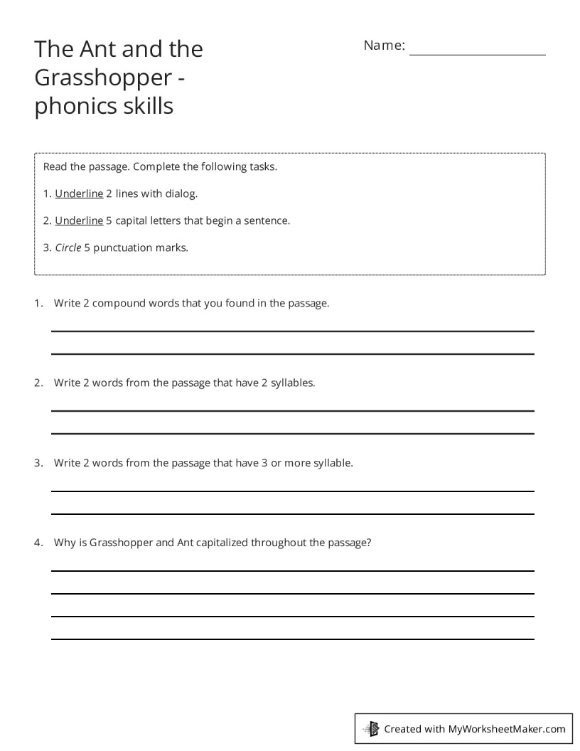 The Ant and the Grasshopper - phonics skills - My Worksheet Maker ...