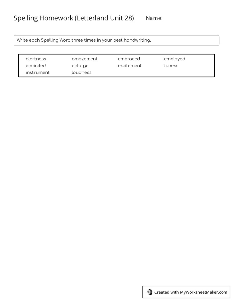Spelling Homework (Letterland Unit 28) - My Worksheet Maker: Create ...