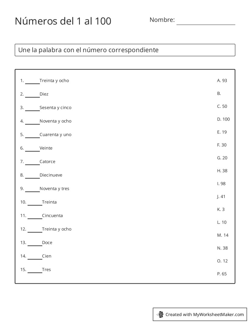 Números del 1 al 100 - My Worksheet Maker: Create Your Own Worksheets