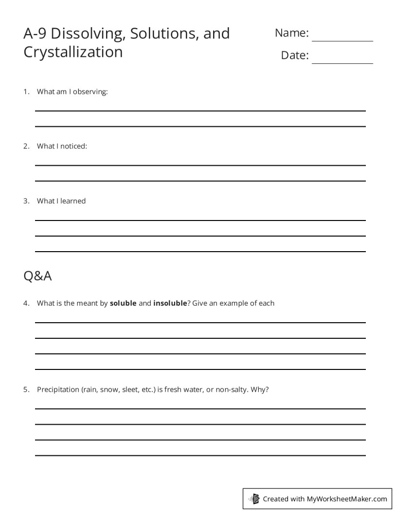 A-9 Dissolving, Solutions, and Crystallization - My Worksheet Maker ...