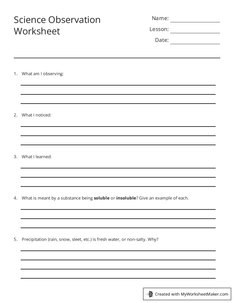 Science Observation Worksheet - My Worksheet Maker: Create Your Own ...