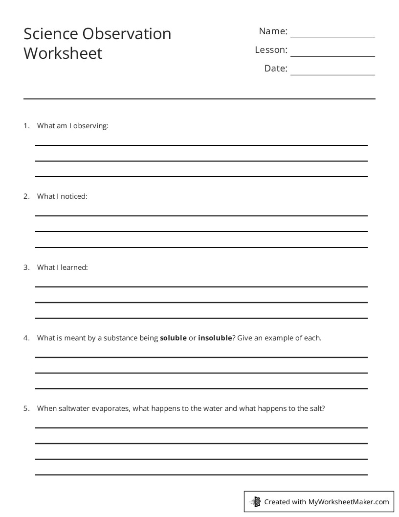Science Observation Worksheet - My Worksheet Maker: Create Your Own ...