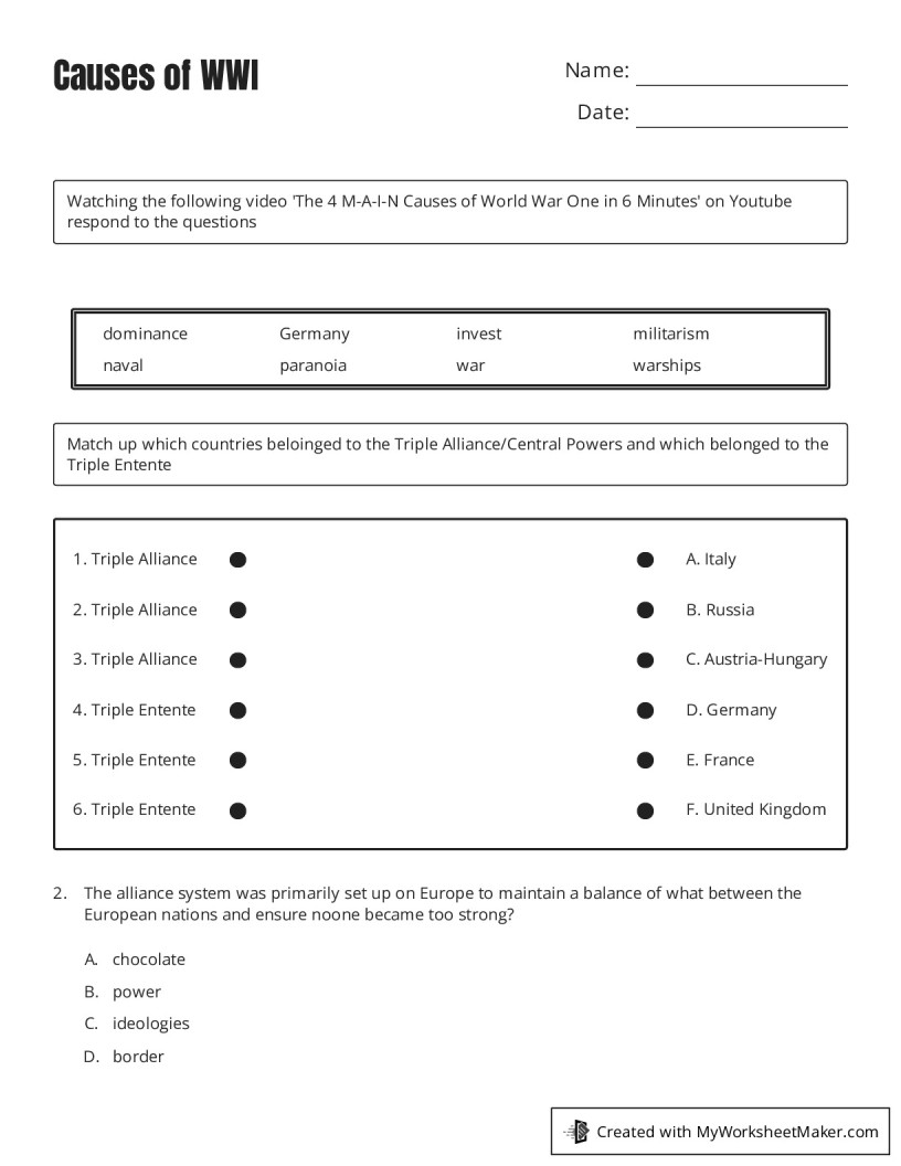 Causes of WWI - My Worksheet Maker: Create Your Own Worksheets