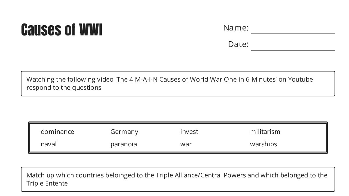 Causes of WWI - My Worksheet Maker: Create Your Own Worksheets