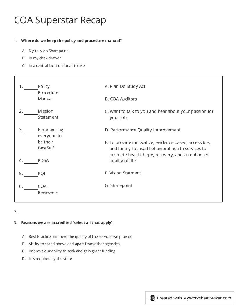 COA Superstar Recap - My Worksheet Maker: Create Your Own Worksheets