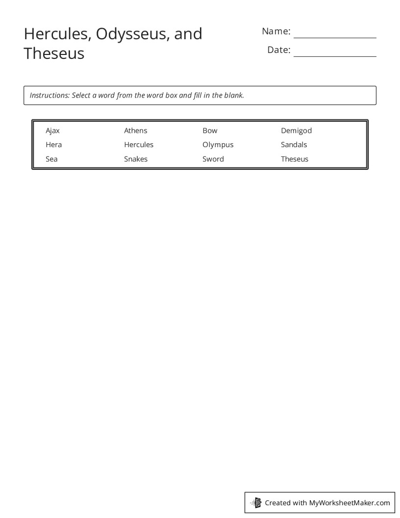 Hercules, Odysseus, and Theseus - My Worksheet Maker: Create Your Own ...