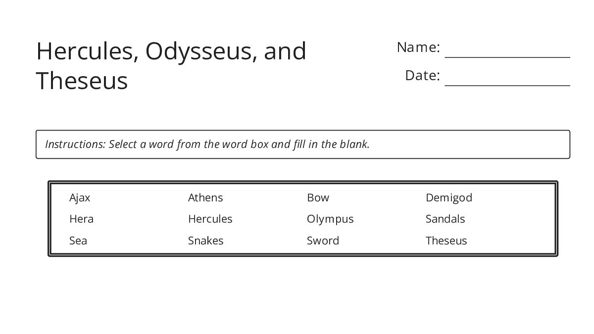 Hercules, Odysseus, and Theseus - My Worksheet Maker: Create Your Own ...