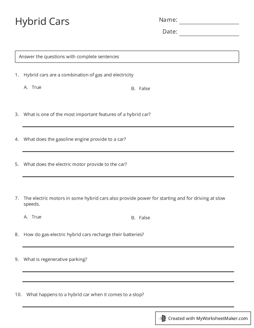Hybrid Cars - My Worksheet Maker: Create Your Own Worksheets