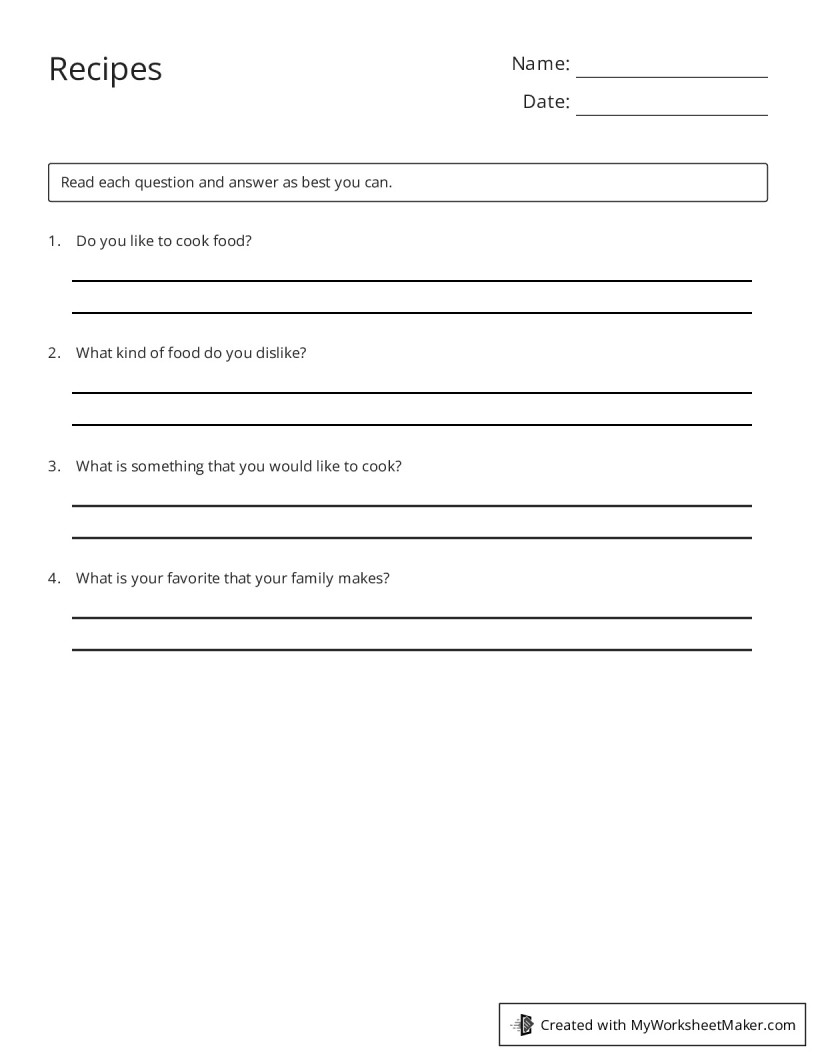 Recipes - My Worksheet Maker: Create Your Own Worksheets