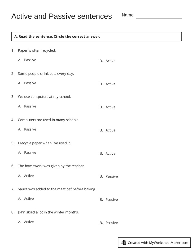 Active and Passive sentences - My Worksheet Maker: Create Your Own ...