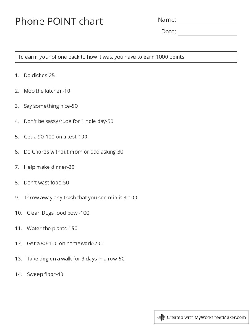Phone POINT chart - My Worksheet Maker: Create Your Own Worksheets