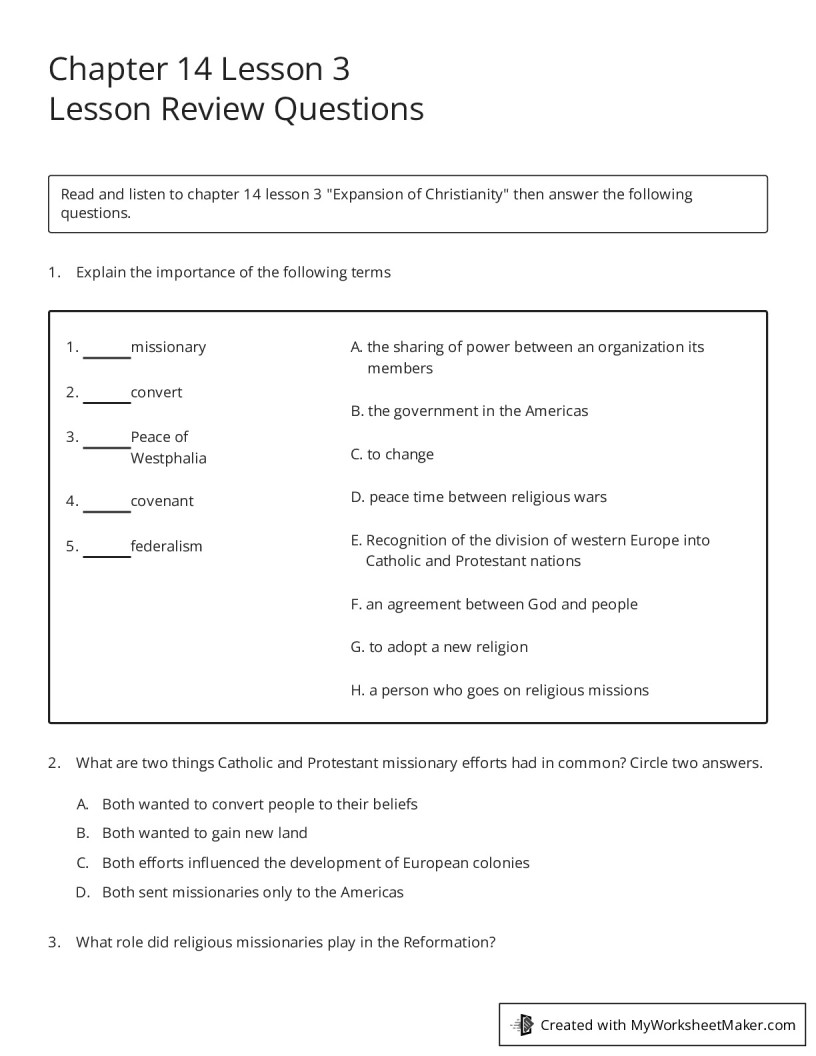 Chapter 14 Lesson 3Lesson Review Questions - My Worksheet Maker: Create ...