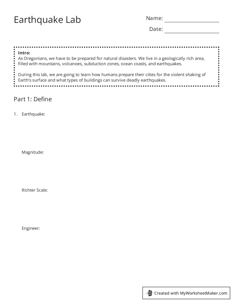 Earthquake Lab - My Worksheet Maker: Create Your Own Worksheets