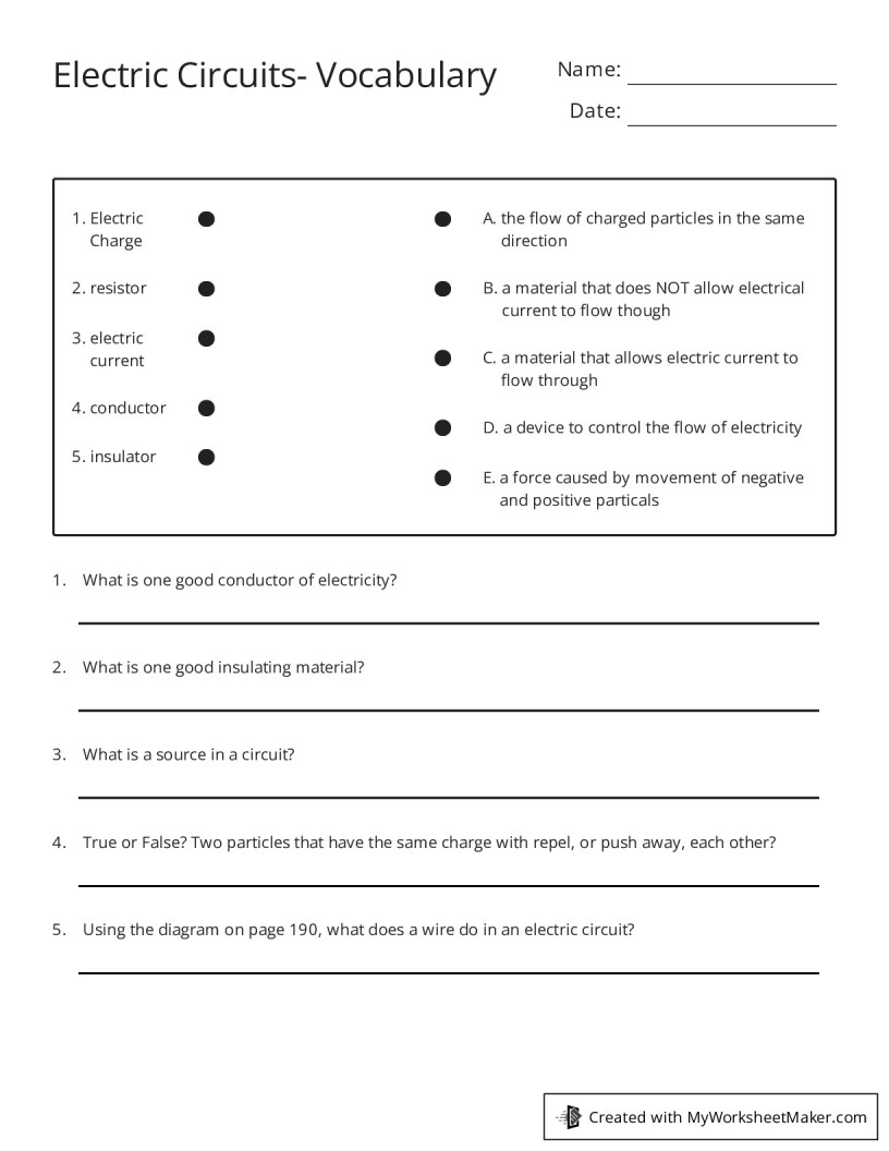 Electric Circuits- Vocabulary - My Worksheet Maker: Create Your Own ...