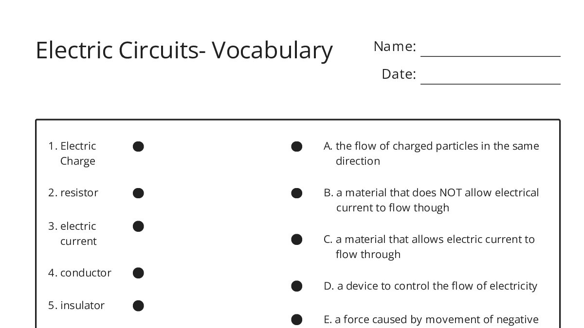 Electric Circuits- Vocabulary - My Worksheet Maker: Create Your Own ...