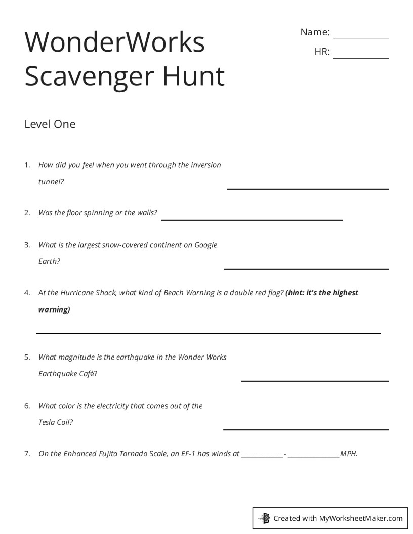WonderWorks Scavenger Hunt - My Worksheet Maker: Create Your Own Worksheets