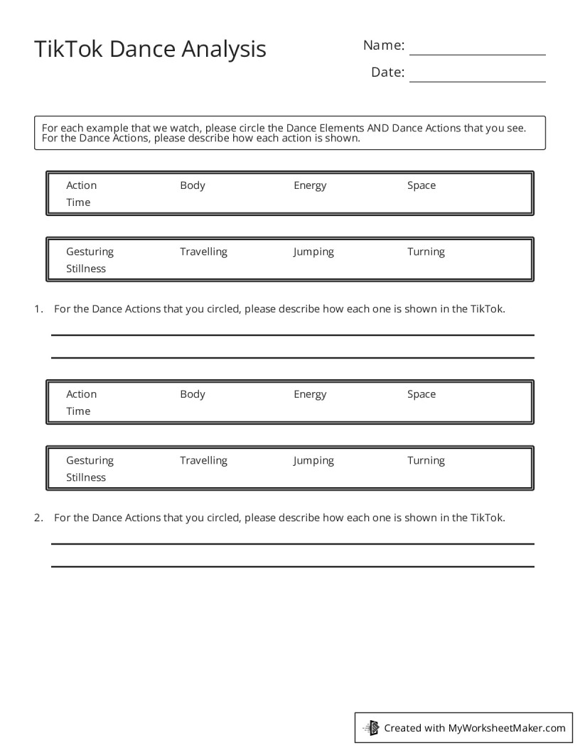 TikTok Dance Analysis - My Worksheet Maker: Create Your Own Worksheets