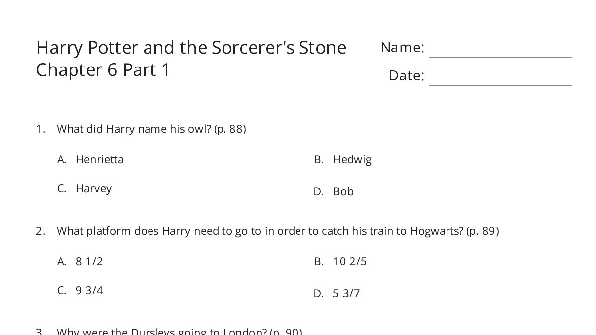 Harry Potter and the Sorcerer's Stone Chapter 6 Part 1 - My Worksheet ...