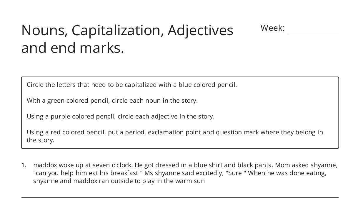 Nouns, Capitalization, Adjectives and end marks. - My Worksheet Maker ...