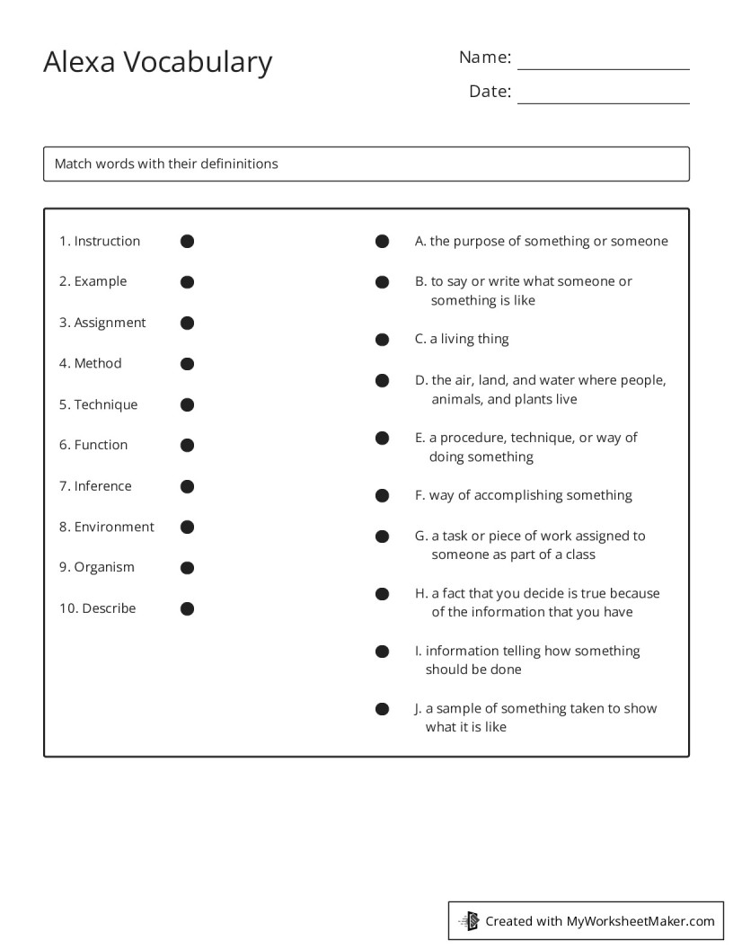 Alexa Vocabulary - My Worksheet Maker: Create Your Own Worksheets