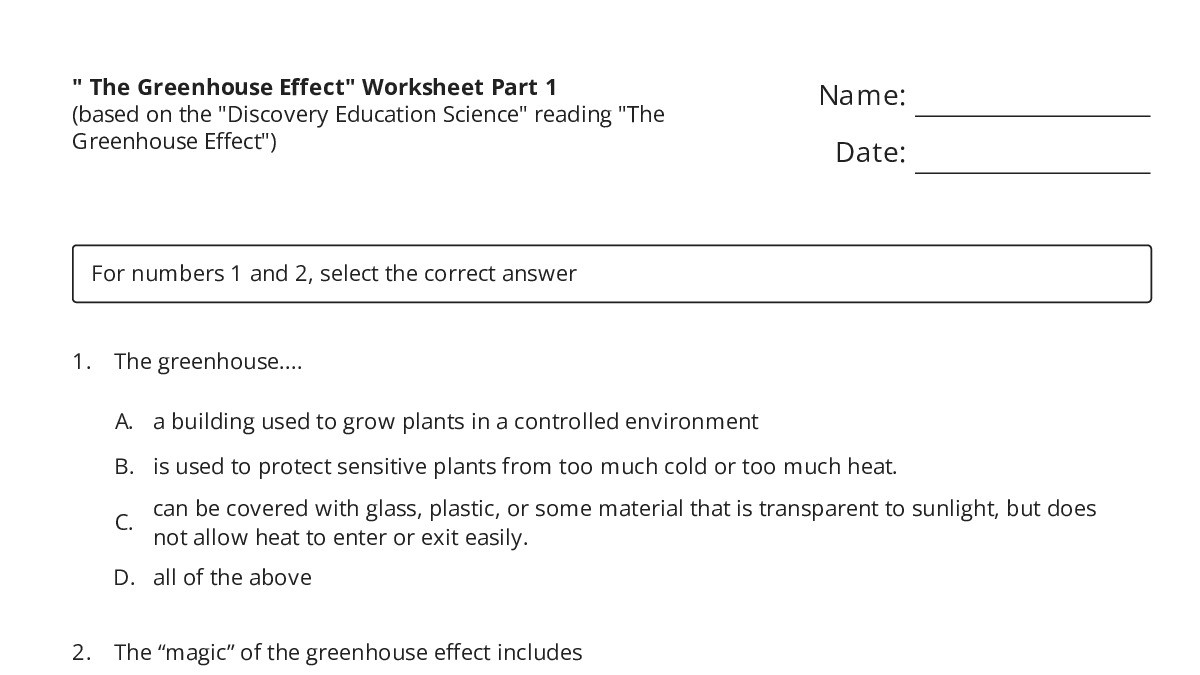 " The Greenhouse Effect" Worksheet Part 1 (based on the "Discovery ...