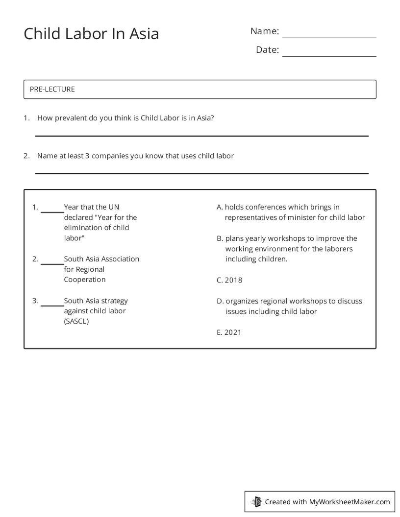 Child Labor In Asia - My Worksheet Maker: Create Your Own Worksheets