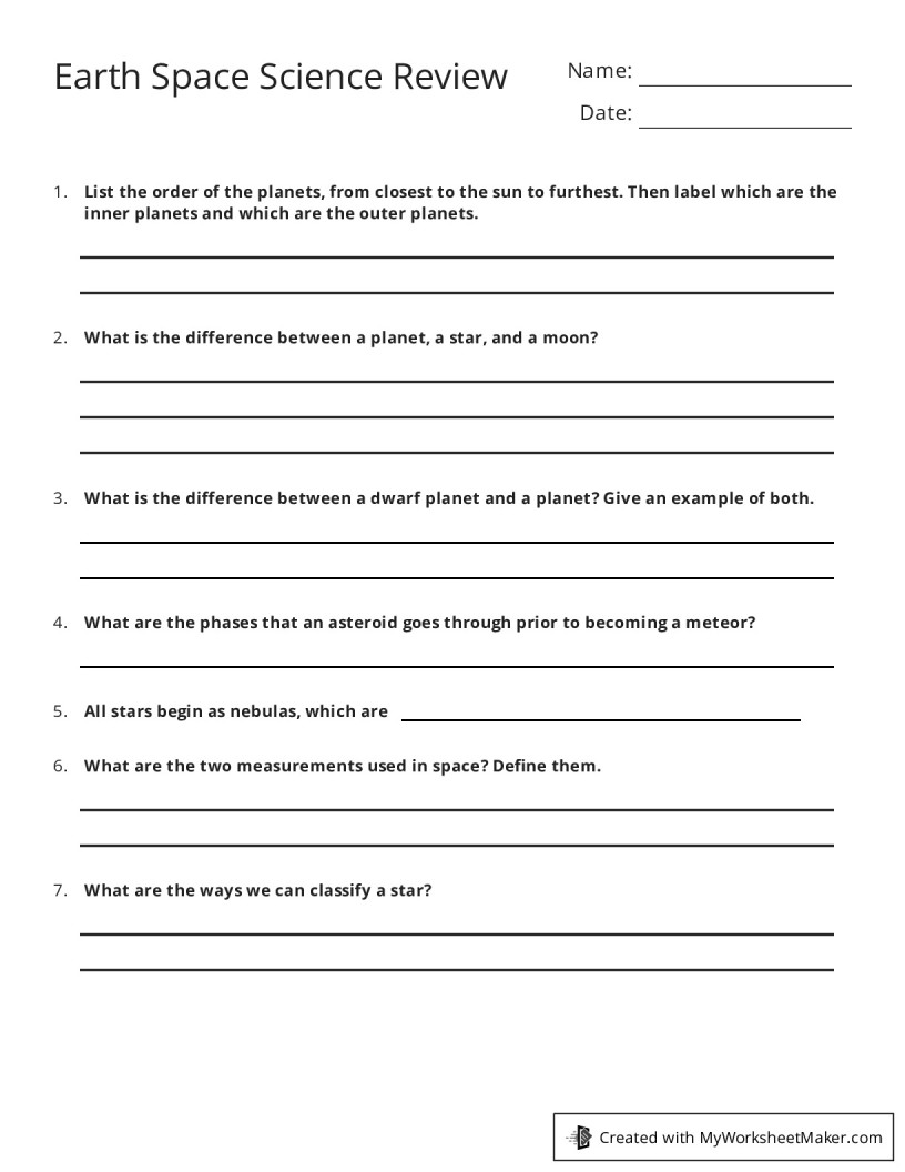 Earth Space Science Review - My Worksheet Maker: Create Your Own Worksheets