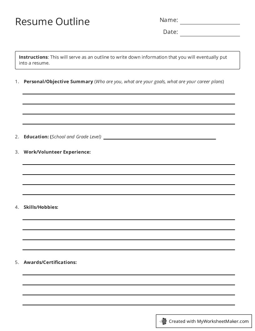 Resume Outline - My Worksheet Maker: Create Your Own Worksheets