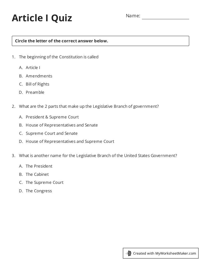 Article I Quiz - My Worksheet Maker: Create Your Own Worksheets