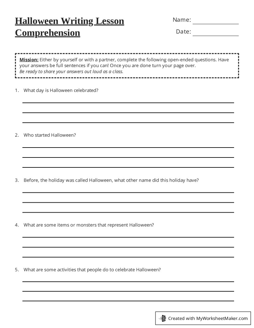 Halloween Writing Lesson Comprehension - My Worksheet Maker: Create ...