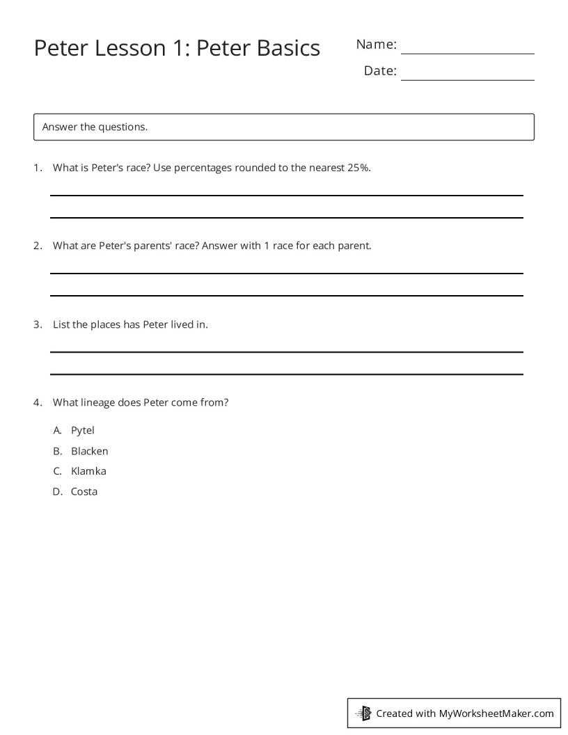 Peter Lesson 1: Peter Basics - My Worksheet Maker: Create Your Own ...