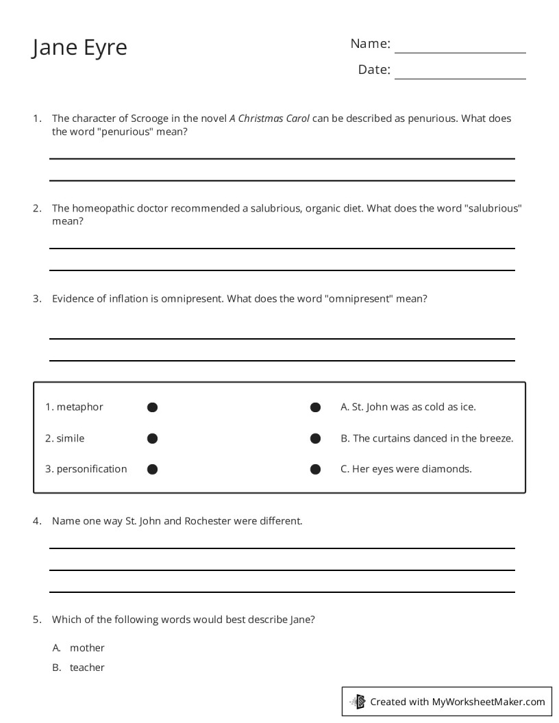 Jane Eyre - My Worksheet Maker: Create Your Own Worksheets