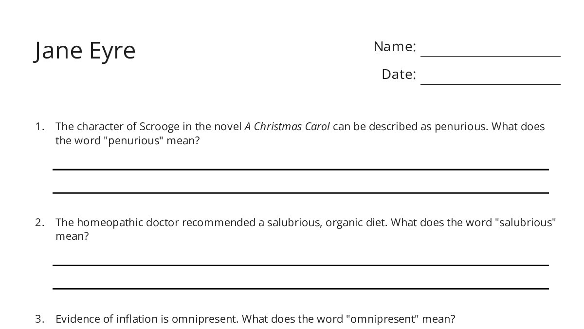 Jane Eyre - My Worksheet Maker: Create Your Own Worksheets