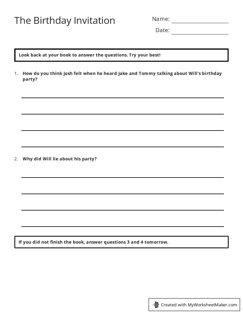 The Birthday Invitation - My Worksheet Maker: Create Your Own Worksheets