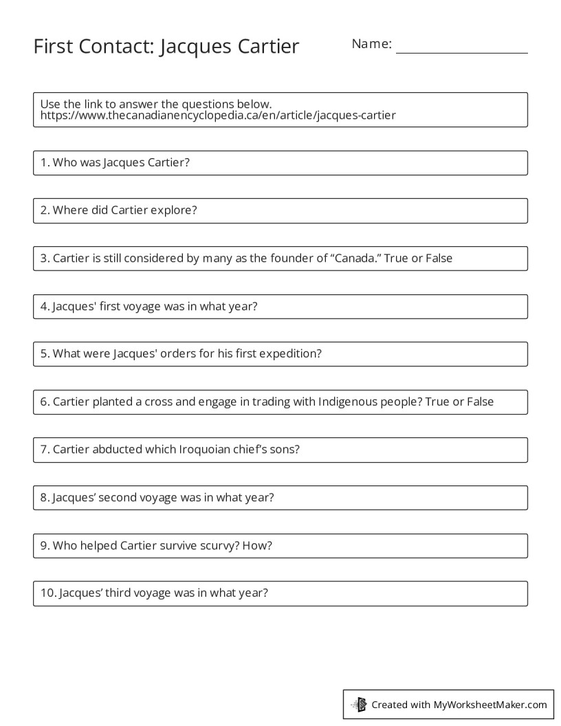 First Contact: Jacques Cartier - My Worksheet Maker: Create Your Own ...