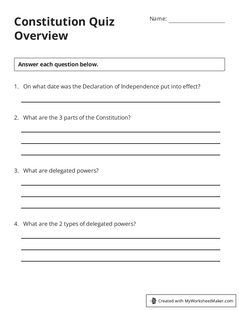 Constitution Quiz Overview - My Worksheet Maker: Create Your Own Worksheets