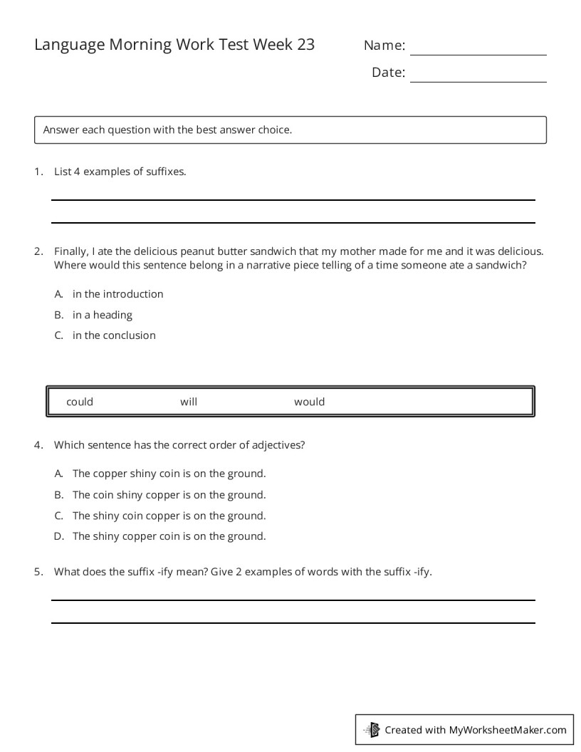 Language Morning Work Test Week 23 - My Worksheet Maker: Create Your ...