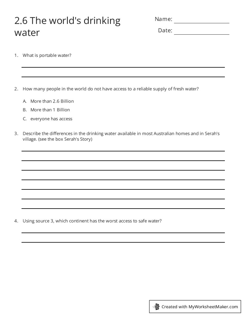 2.6 The world's drinking water﻿﻿ - My Worksheet Maker: Create Your Own ...