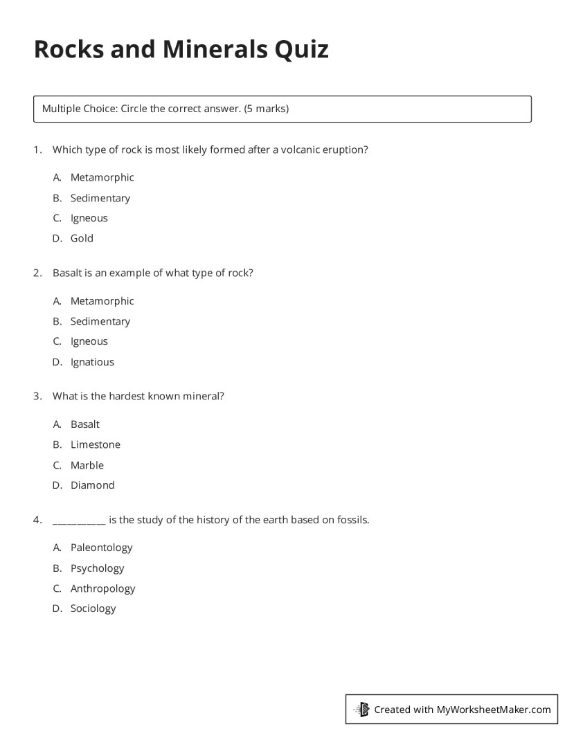 Rocks and Minerals Quiz﻿﻿﻿ - My Worksheet Maker: Create Your Own Worksheets