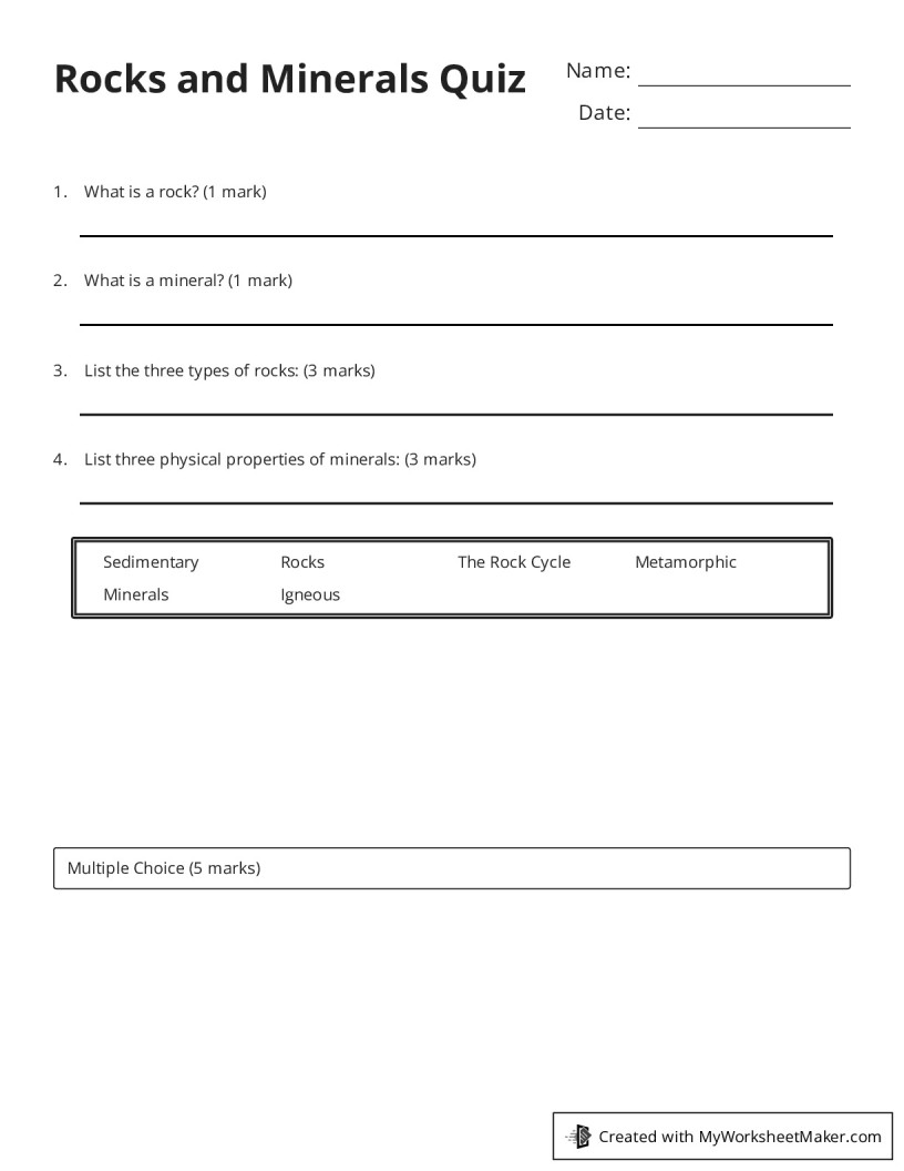 Rocks and Minerals Quiz﻿﻿﻿﻿ - My Worksheet Maker: Create Your Own ...