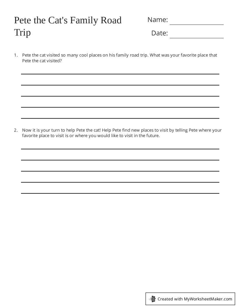 Pete the Cat's Family Road Trip - My Worksheet Maker: Create Your Own ...
